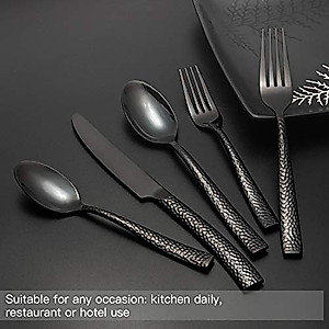 Kelenfer Flatware Set 20 Piece Black Stainless Steel Cutlery Set Forged with Hammered Handle Service for 4