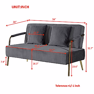 HANLIVES 55" Loveseat Sofa,Modern Upholstered Pleated Velvet Couch,2 Seater couches with 2pcs Throw Pillows,Comfy Love seat with Gold Metal Legs for Living Room,Small Spaces,Apartment(Grey)