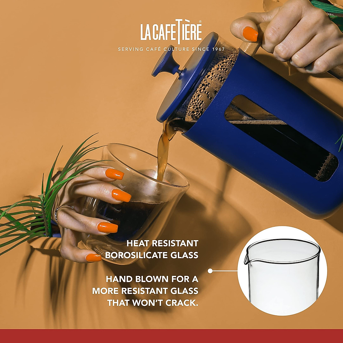 La Cafetière Pisa Cafetière, 8-Cup/1L, Heat-Resistant Borosilicate Glass and Stainless Steel with Easy-Grip Plunger, Large French Press Coffee Maker for Loose Tea and Ground Coffee, Navy