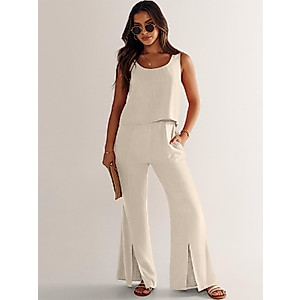 Caracilia Women's Linen Palazzo Pants Summer Beach Boho Wide Leg High Waist Front Split Elastic Waisted Trousers Casual Loose Flowy Pant with Pocket Beige C128A0-mise-S