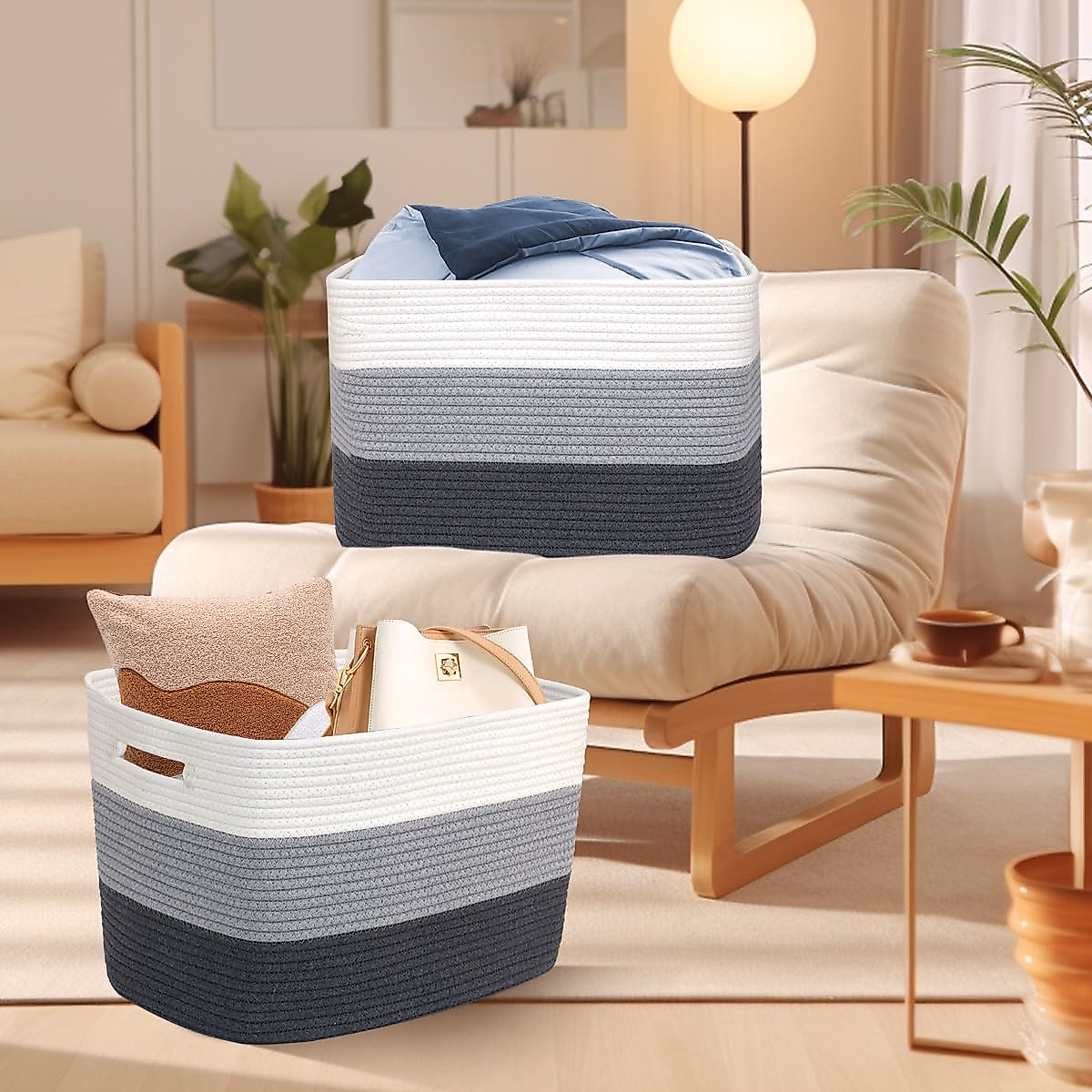 ArcaGuru Cotton Rope Basket, Rectangle Woven Baskets for Storage, Blanket Basket Living Room, Storage Basket with Handles for Book, Clothes for Organizing, 18.1”x14.2”x11.8”, Gradient Gray