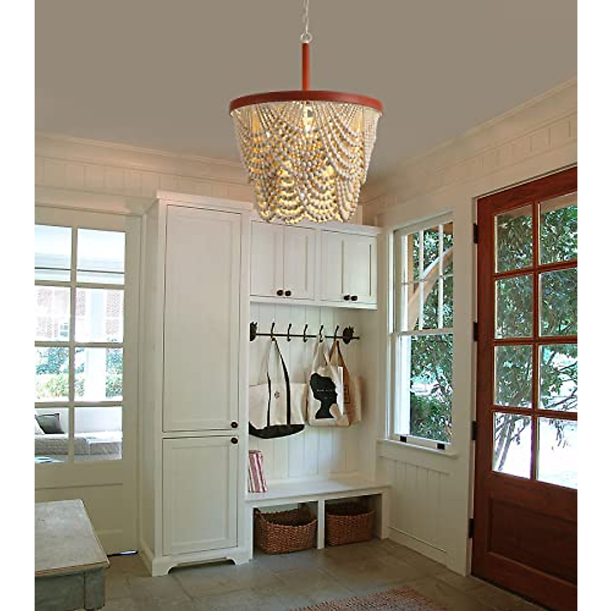 Q&S Boho Wood Beaded Chandelier,Large 5-Lights Farmhouse Coastal Bohemia Chandeliers for Dining Room Living Room Foyer Kitchen Island Restaurant UL Listed Assembly Complete W20