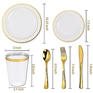 N9R 150PCS Gold Plastic Plates with Plastic Cutlery Set and Cups, Disposable Silverware include 25 Dinner Plates, 25 Dessert Plates, 25 Forks, 25 Knives, 25 Spoons, 25 Cups for Party and Wedding