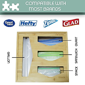 DE'VELO Bamboo Ziplock Baggy Organizer, Food Storage Container Organizer with Slider door, Compatible with Ziploc, Solimo, Glad, Hefty for Gallon, Quart, Sandwich and Snack Size Bag