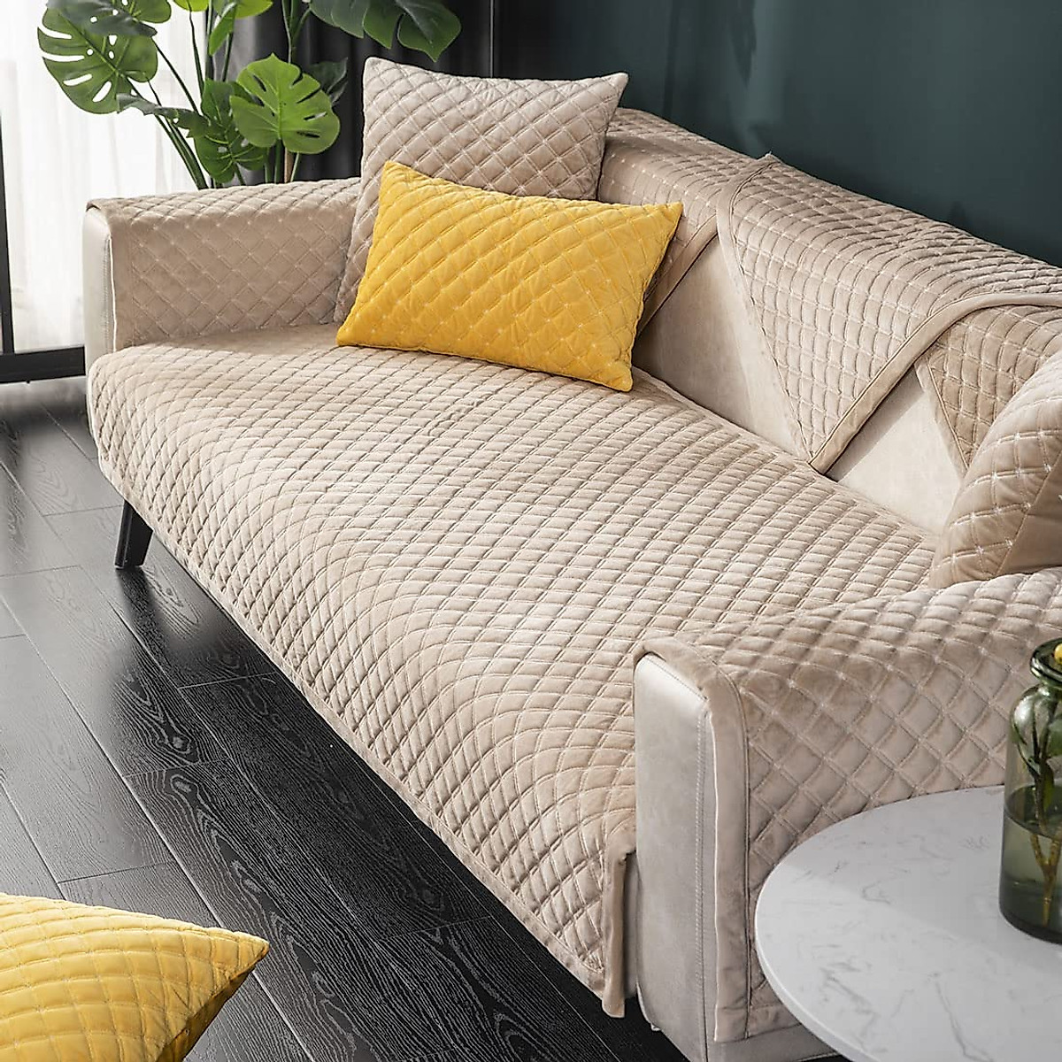 vctops Luxury Velvet Couch Sofa Cover Soft Plush Sectional Couch Covers Plaid Nonslip Sofa Slipcover for Dogs Cats Pet Love Seat Recliner Leather L Shaped, Armrest Backrest Cover (Camel,28"x47")