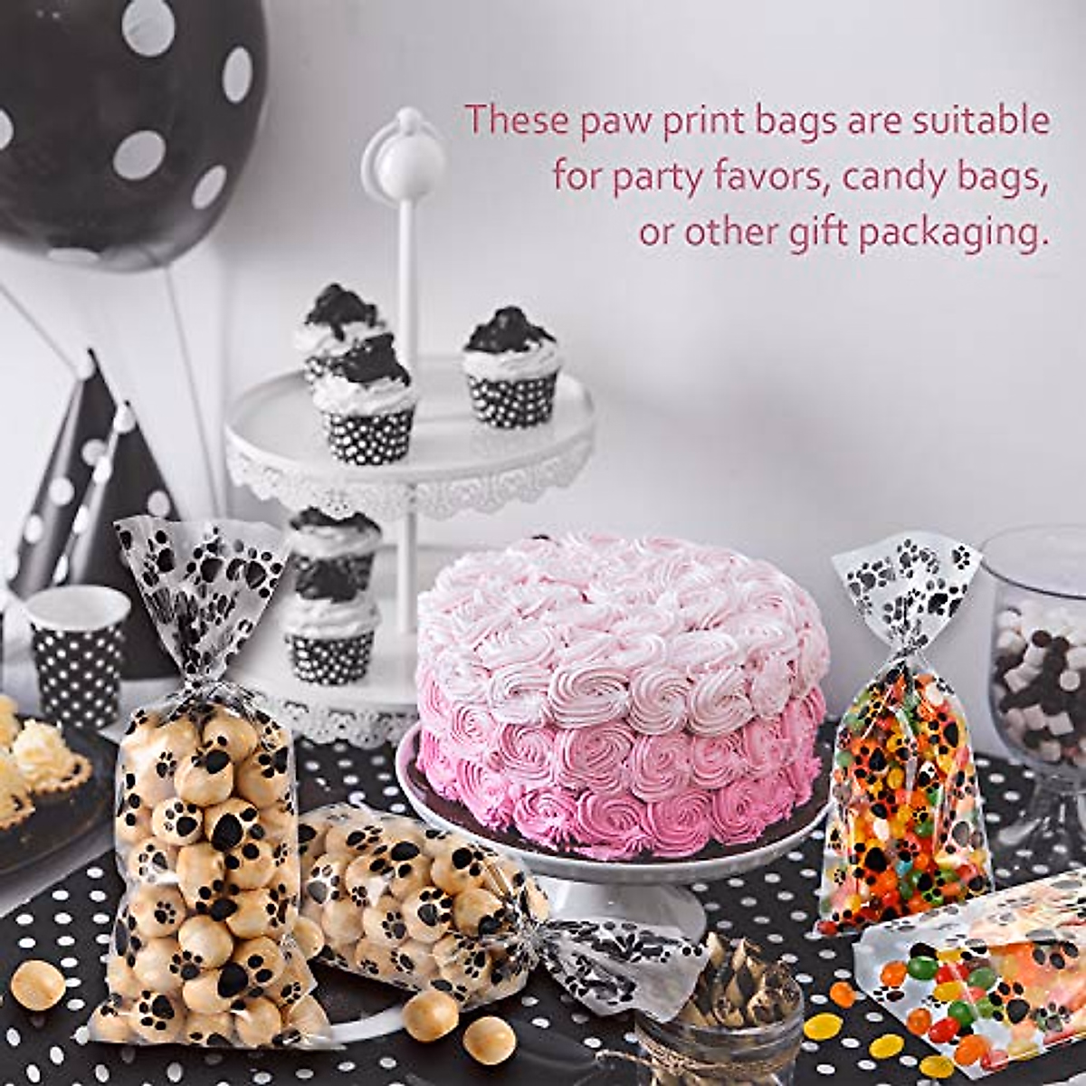 100 Pieces Pet Paw Print Plastic Cellophane Bags Wide Bottom Heat Sealable Treat Candy Bags Dog Cat Gift Bags with 100 Pieces Silver Twist Ties for Pet Treat Party Favor, 11 x 5 x 3 Inch