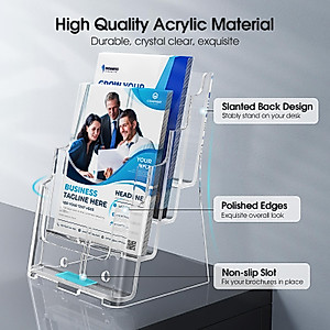 MaxGear Acrylic Brochure Holder 8.5 x 11 inch, Clear Literature Organizer Magazine Stand with Removable Divider for 4 x 9 inch Brochures, 4 Tier Pamphlet Display for Wall Mount or Countertop