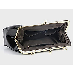 Vintage Kiss Lock Handbags Shiny Patent Leather Evening Shoulder Tote Bags with Chain Strap (Black)
