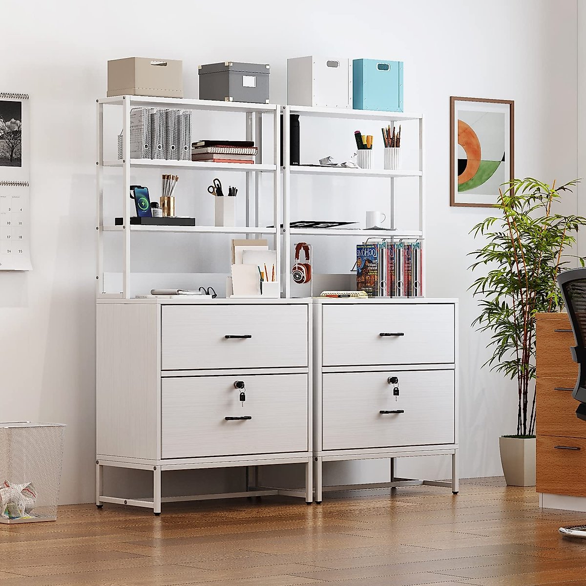 Jehiatek File Cabinets for Home Office with Lock 2 Drawer, Large Vertical Filing Cabinet with Bookshelf, Sturdy, Durable, Easy to Assemble and Clean (White), 25.59'D x 15.75'W x 62'H