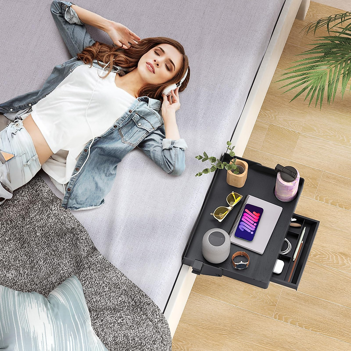 SPACELEAD Bedside Shelf for Bed – College Dorm Room Clip On Nightstand with Cup Holder & Cord Holder&drawer – Bunk Bed Shelf for Organizer Top for Bedroom (Black，Plastic)