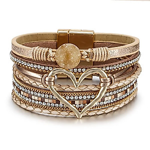 Todu Leather Wrap Bracelet Beaded Cuff Bracelet with Heart-shape Decor Bohemian Crystal Bracelet for Women Birthday Holiday Gift （Gold）