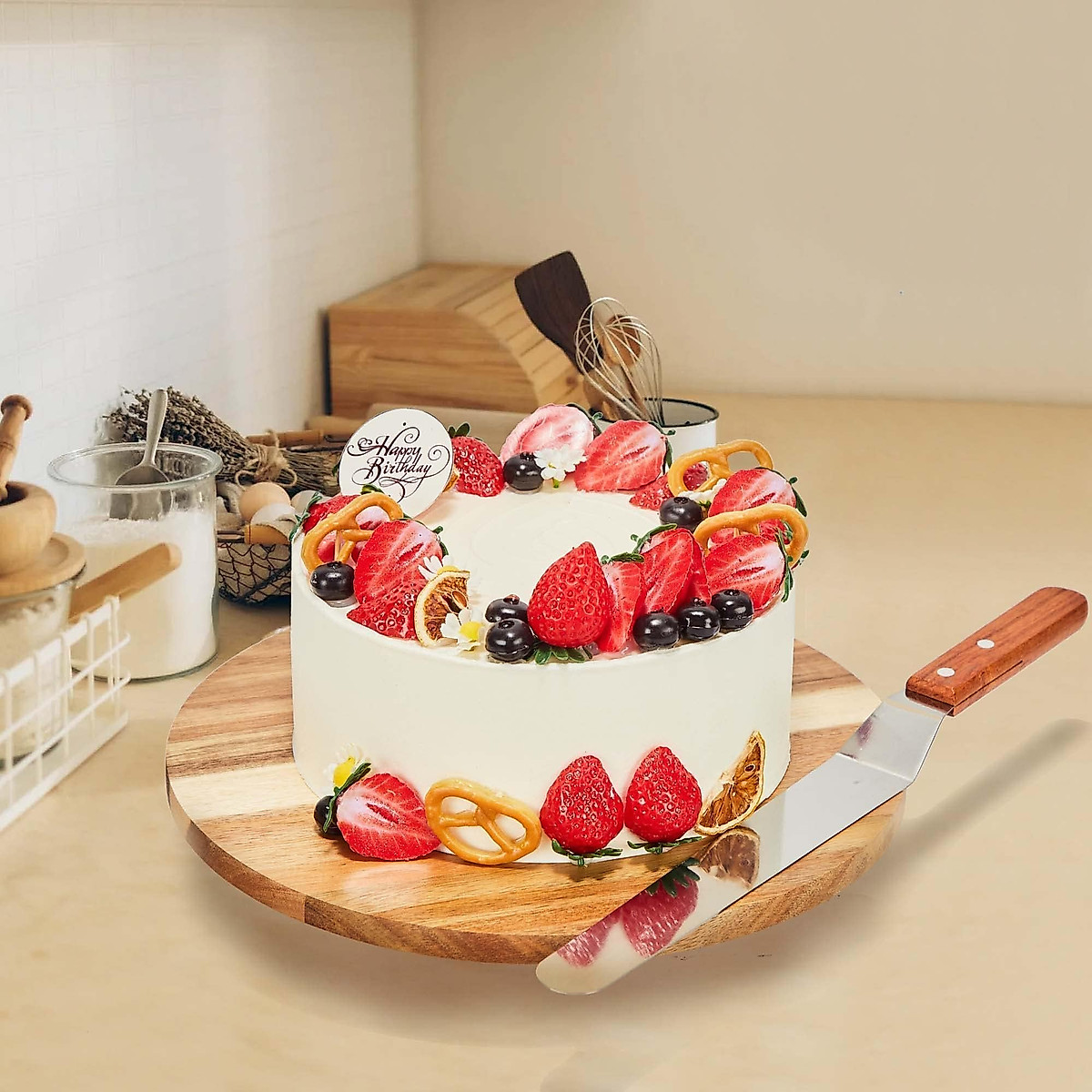 12" Acacia Wood Revolving Cake Stand, Rotating Cake Turntable with 2 Icing Spatulas, 3 Smoothers, Wooden Rotating Display Stand for Cake, Cupcake Decorating Supplies