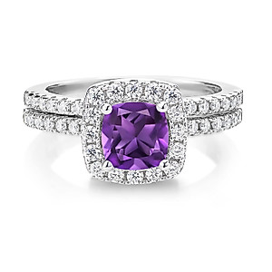 Gem Stone King 925 Sterling Silver Purple Amethyst and White Moissanite Wedding Engagement Ring Band Bridal Set For Women (1.49 Cttw, Cushion 6MM, Available In Size 5, 6, 7, 8, 9)