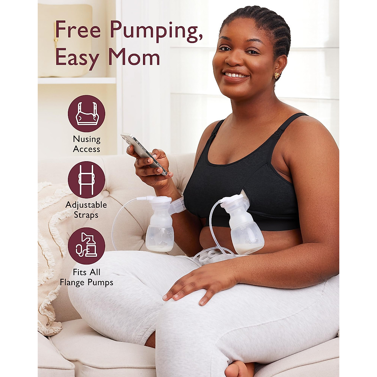 Momcozy Hands Free Pumping Bra, Adjustable Breast-Pumps Holding and Nursing Bra, Suitable for Breastfeeding-Pumps by Lansinoh, Philips Avent, Spectra, Evenflo and More Black