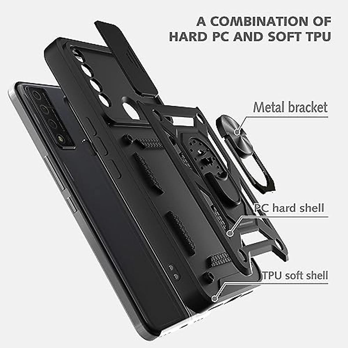 AKINIK for TCL 30 XE 5G Phone Case with Slide Camera Cover and 2pcs HD Screen Protector, 360° Rotation Ring Kickstand [Military Grade] Case for TCL 30 XE 5G (Black)