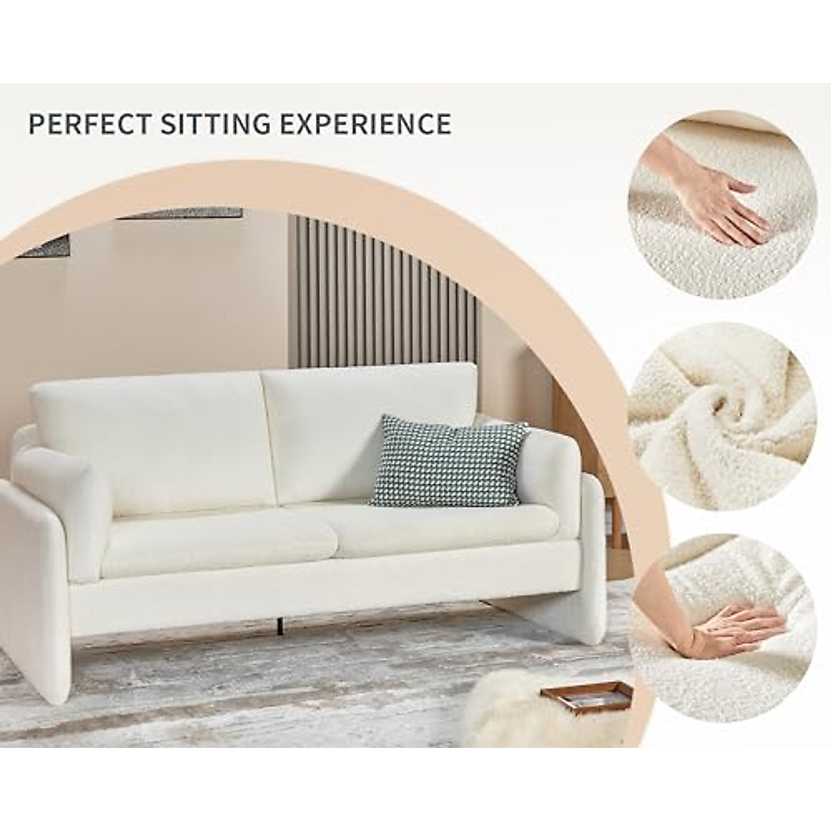 VanAcc Sofa, Modern Couch- Comfy Sofa Couch in Offwhite Bouclé with Embedded Armrest, 3-Seater Couch for Living Room