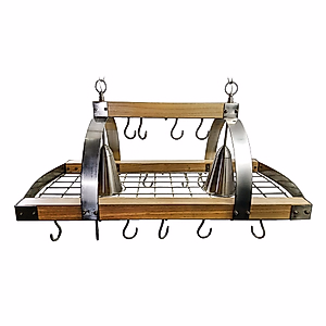 Elegant Designs PR1001-WOD 2 Light Kitchen Wood Pot Rack with Downlights, Wood with Brushed Nickel Accents