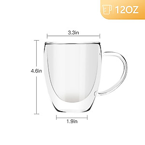 D.M DESIGN·MASTER [2 PACK,12 OZ -Premium Double Wall Insulated Glass with Handle Coffee or Tea Glass Mugs, Thermo Insulated Glass, Perfect for Latte, Cappuccino, Americano and Tea