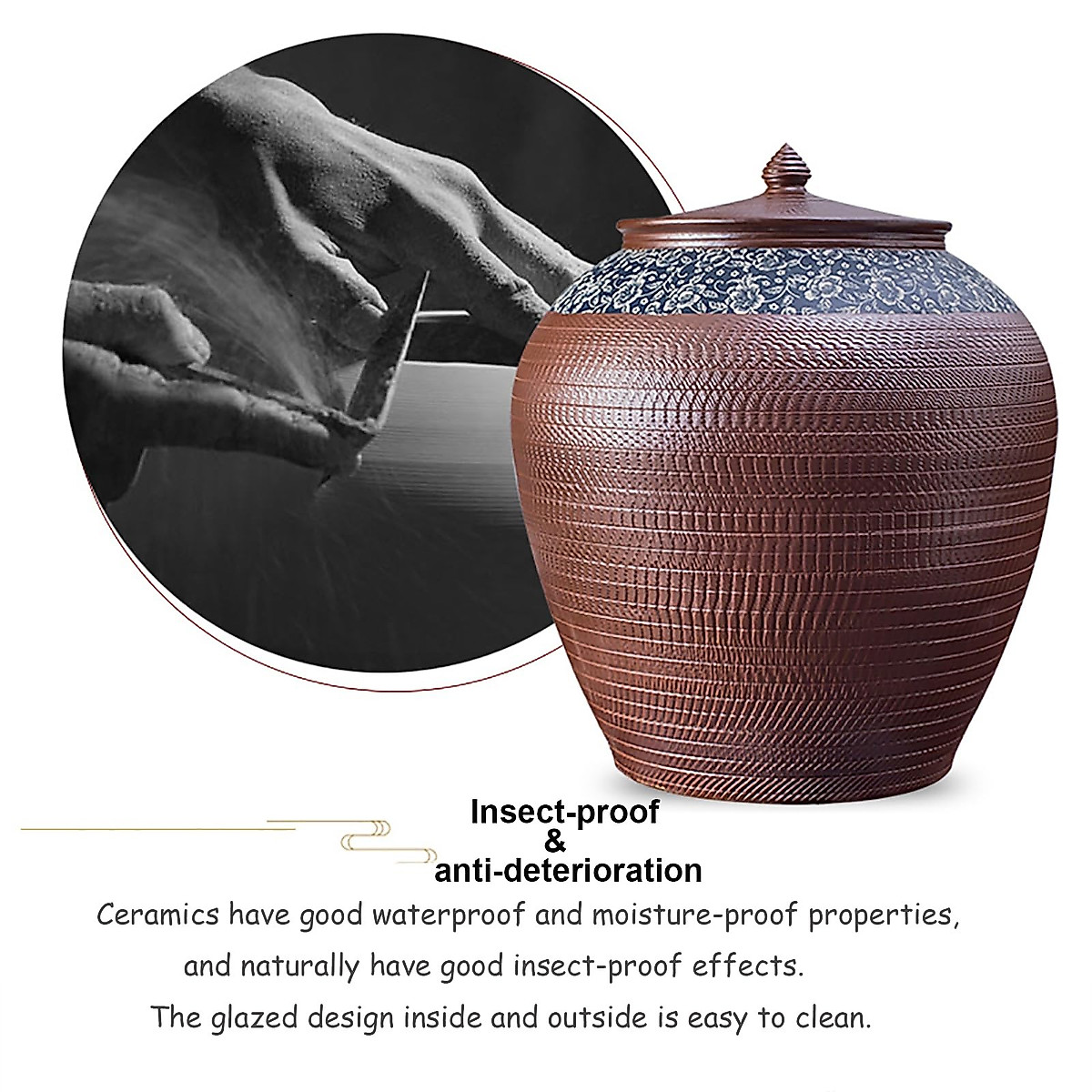 Home Rice Storage Box - Classic Food Storage Porcelain Bottle, Kitchen Sealed Jar With Lid Grain Dispenser(10/25 / 50KG), Ceramic Food Storage Jar Beans Corns Wheat Oatmeal Grain Storage Bin(A,Capac