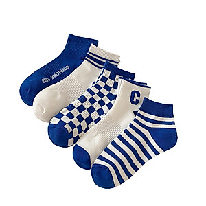 Xhonp 5 Pairs Cute Big C Letter Crew Socks Checkerboard Socks Striped Socks for Women Socks (Short-Length Blue)