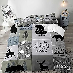 LUVIVIHOME 2PCS Cabin Rustic Bedding, Twin Duvet Cover, Black Bear Deer Elk Owl Forest Animal Wildlife Hunting Lodge Quilt Bedspread Patchwork Comforter Cover, Country Farmhouse Bedding, 1 Pillow Sham