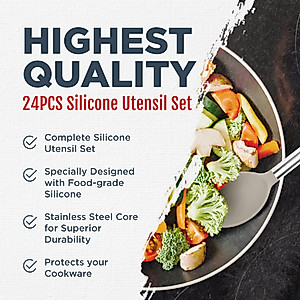 Silicone Kitchen Utensils Set - Culinary Couture 24-Pieces Khaki Silicone Cooking Utensils Set for Nonstick Cookware - Silicone Spatulas Set, Stainless Steel Handle & Other Kitchen accessories