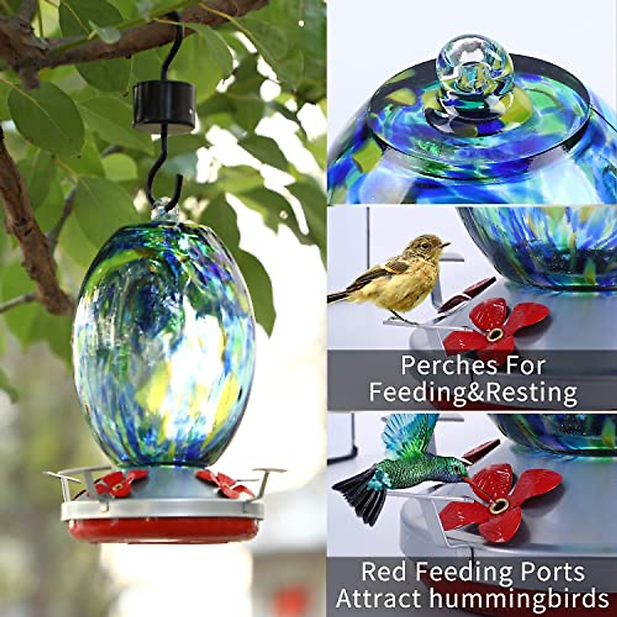 JALAMWANG Hummingbird Feeder for Outdoors Hanging, 25 Ounces, Hand Blown Glass, Leak Proof Rustproof, Containing Ant Moat, for Attract Hummingbird Garden Decoration etc(Blue Starry Night)