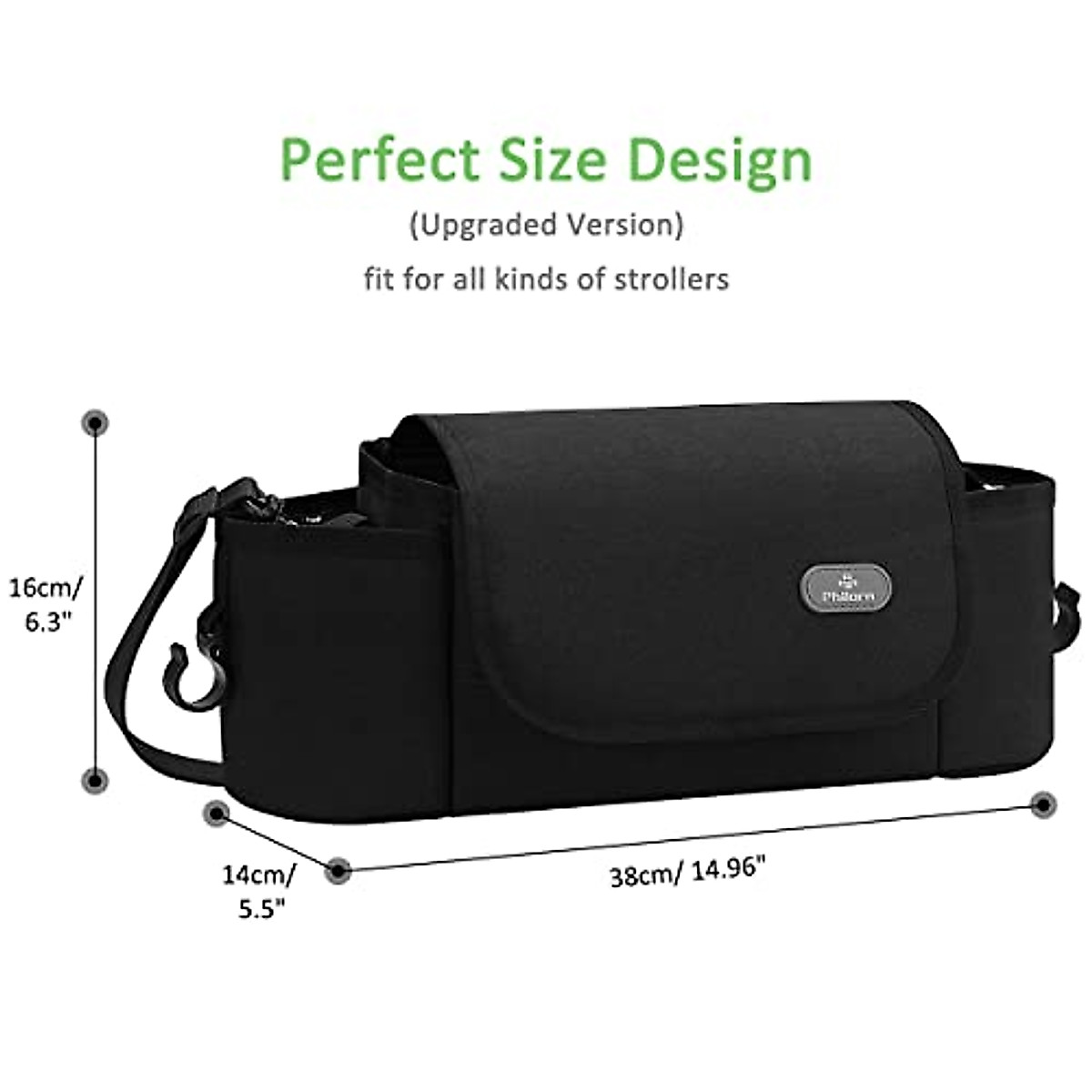 Philorn Baby Stroller Organizer, Stroller Caddy Pram Bag Buggy Organiser with Insulated Cup Holders, Shoulder Strap, Large Storage Space Bag Portable Storage Firmly Attachement 3 Ways to Carry