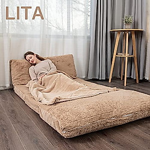 LITA Folding Mattress Sofa, Foldable Double Sofa Bed Foam Filling Convertible Sleeper Sofa Bed Modern Soft Faux Fur Wall Sofa Bed with Removable Cover for Living Room/Apartment/Dorm, Khaki