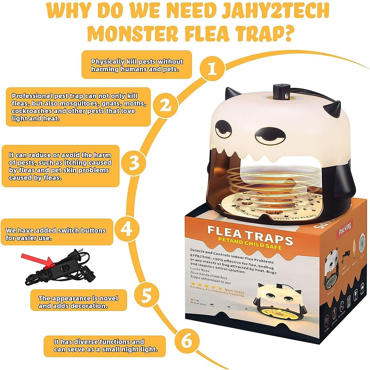 2 Pack Flea Traps for Inside Your Home, 2024 Monster Flea Killer with Sticky Discs & Bulbs, Professional Pest Control Trapper for House, Safe Flea Lights Insect Catcher Bed Bug Trap for Kids & Pets