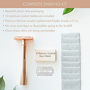 Eco Friendly Safety Razor For Women & Blades | Zero Waste Gift Ideas | Sustainable Shaver for Ladies | Rose Gold Straight Metal Razor | Stainless Steel Double Edge Razors | Reusable Safety Razor Women
