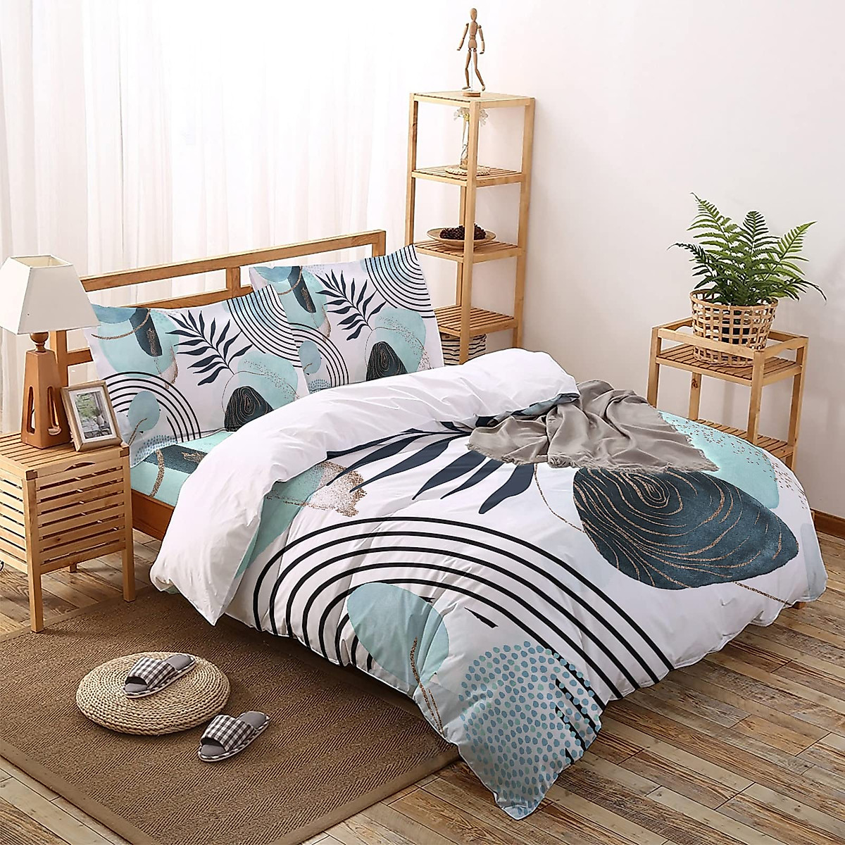 Duvet Cover Set of 4 Queen Size Abstract Mid Century Comforter Sets, Modern Geometric Plants Teal Bedding Set with Zipper Closure and 2 Pillow Cases, Soft Bed Covers Bedroom Decor for All Season
