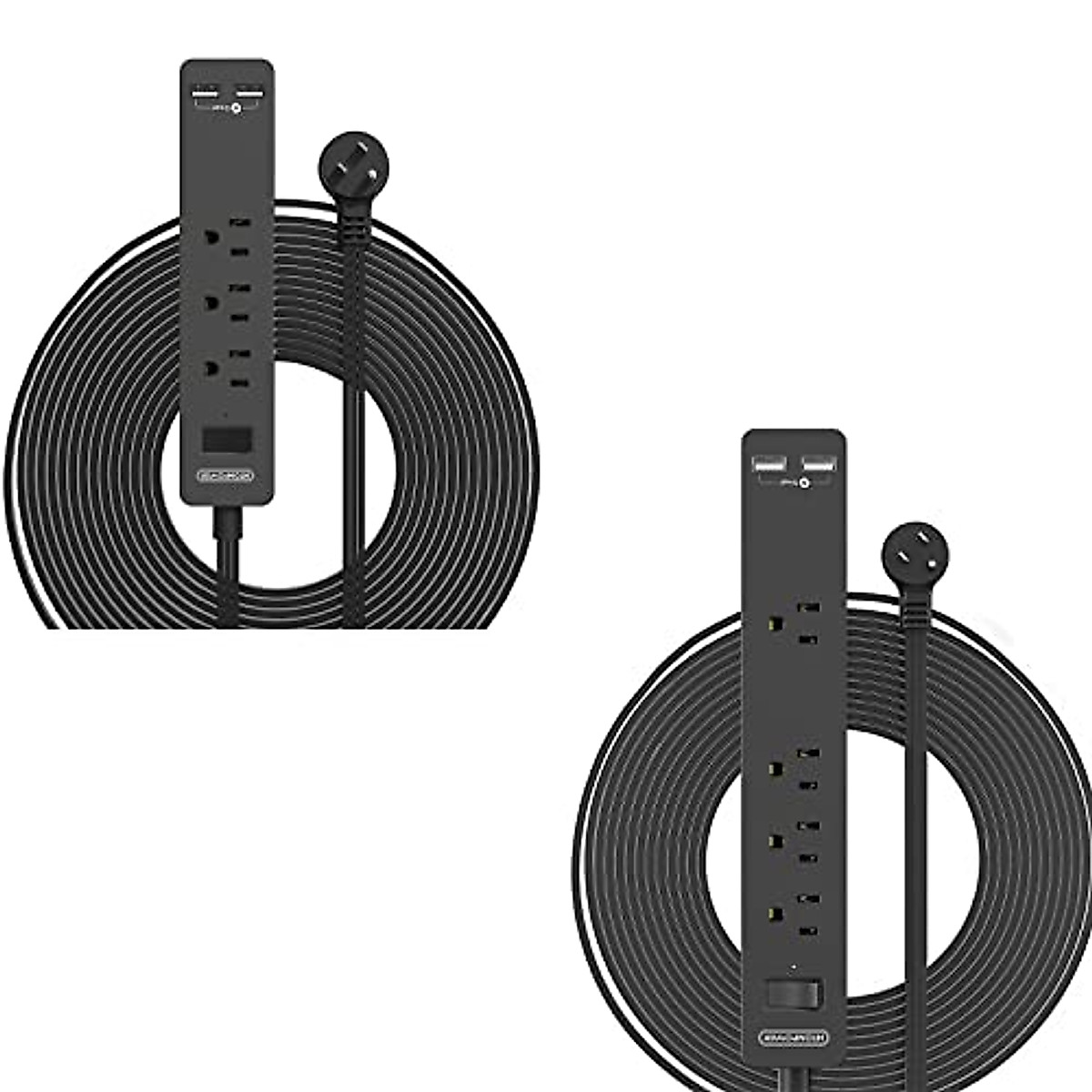 10ft Thin Flat Extension Cord Bundle, NTONPOWER 3 Outlets 2 USB Power Strip with 10ft Power Cord, 4 Outlets 2 USB Power Strip with 10 ft Extension Cord, Flat Plug, Mount for Home Office, Black