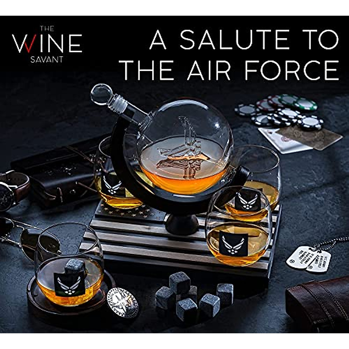 Father's Day Whiskey Decanter Set with 4 Liquor Glasses Air Force Whisky Decanter & Glass Set with Wood Base & 9 Whiskey Stones - US Airforce Gifts for Men - Globe Bourbon & Scotch Gifts for Dad