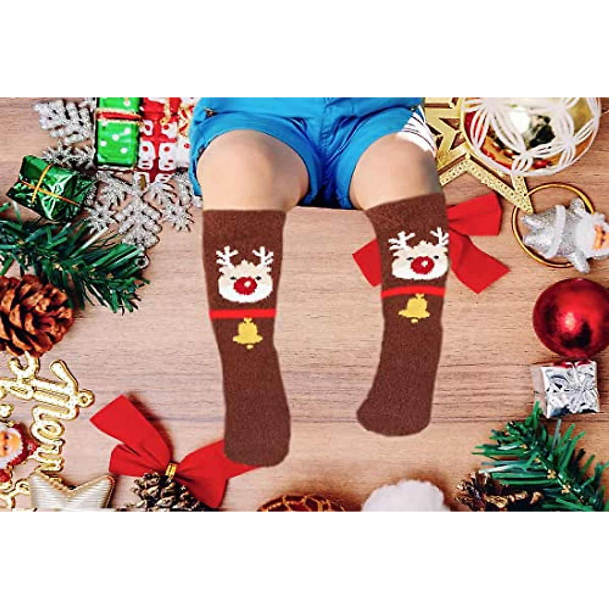 Kids Christmas Fuzzy Knee High Socks Gifts Toddler Calf Cozy Fluffy Plush Long Tall Boot Socks Stocking Stuffers 1-7 Years 6 Pairs