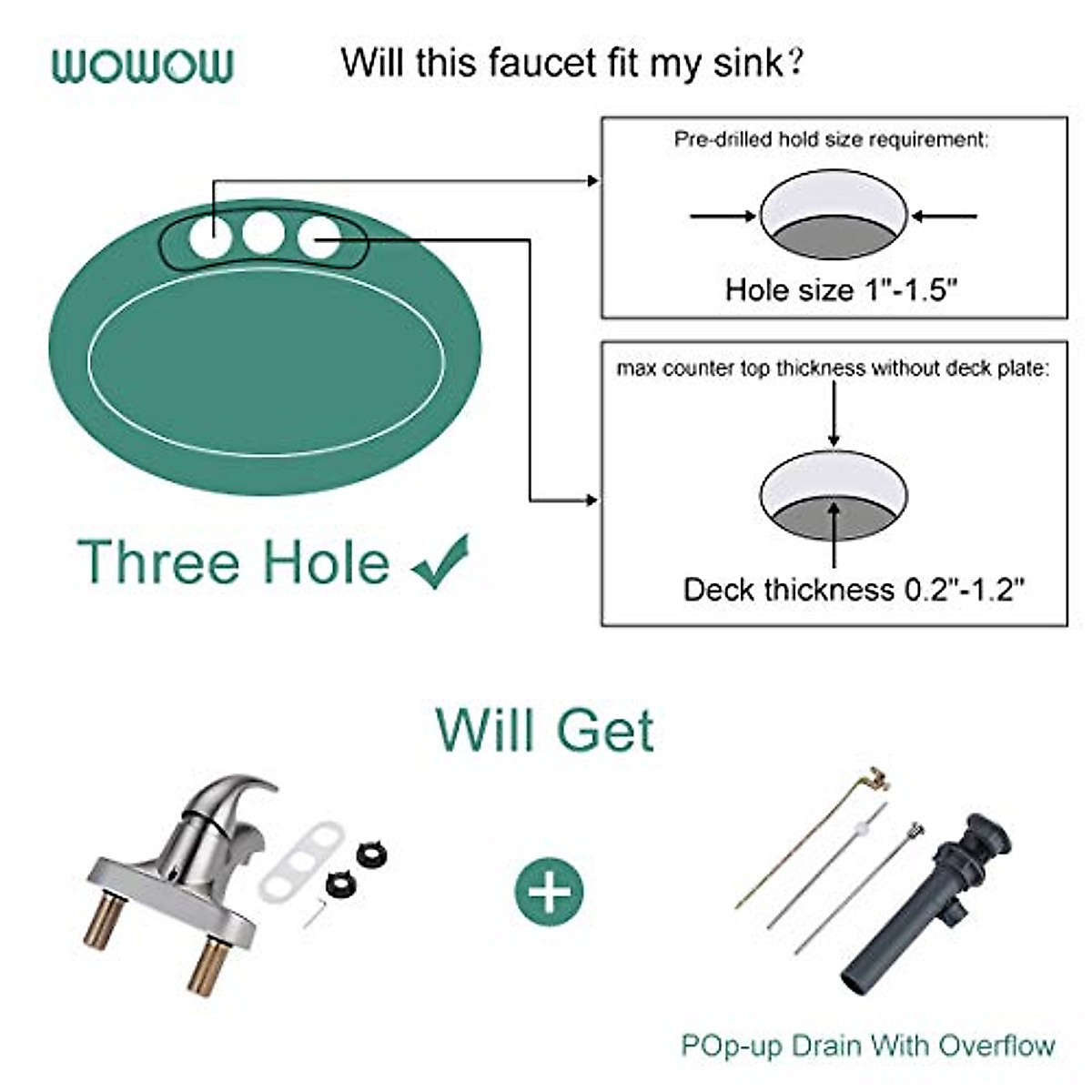 WOWOW Bathroom Faucet 1 Handle Low Arc Single Handle 4 inch Centerset Bathroom Sink Faucet with Pop Up Drain Assembly Basin Mixer Tap Brushed Nickel Vanity Faucets