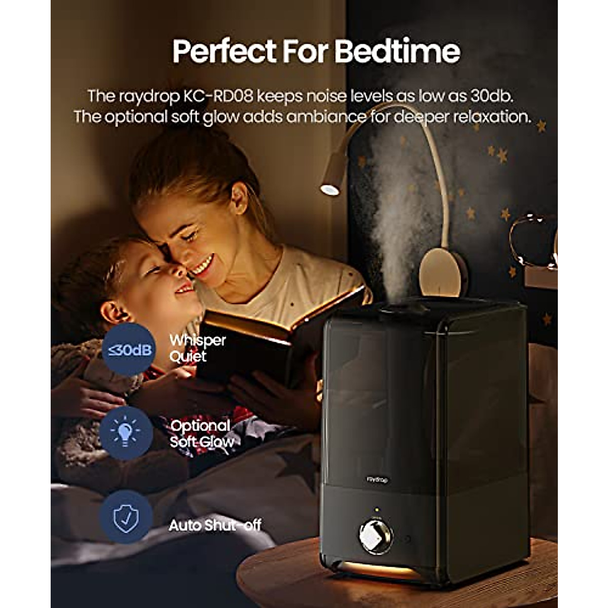 raydrop Humidifiers for Bedroom (6.5L), Ultrasonic Cool Mist Humidifiers for Large Room, Home, Plant, Quiet Air Vaporizer with Night Light, Easy to Clean, 42h Work Time, Auto Shut-Off (Black)