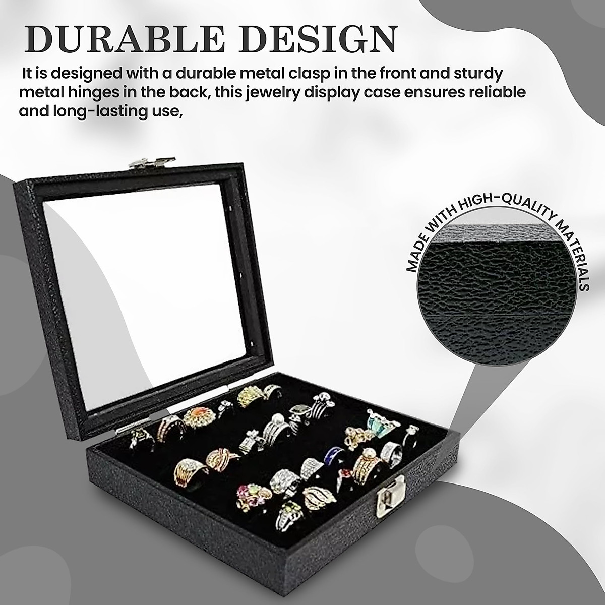 Novel Box Ring Display Glass Case Black 8.25x7.25x2 Inches with 36-Slot Black Ring Foam Insert - Travel Ring Case with Metal Clasp - Jewelry Box to Keep Rings Dust Free & Secure