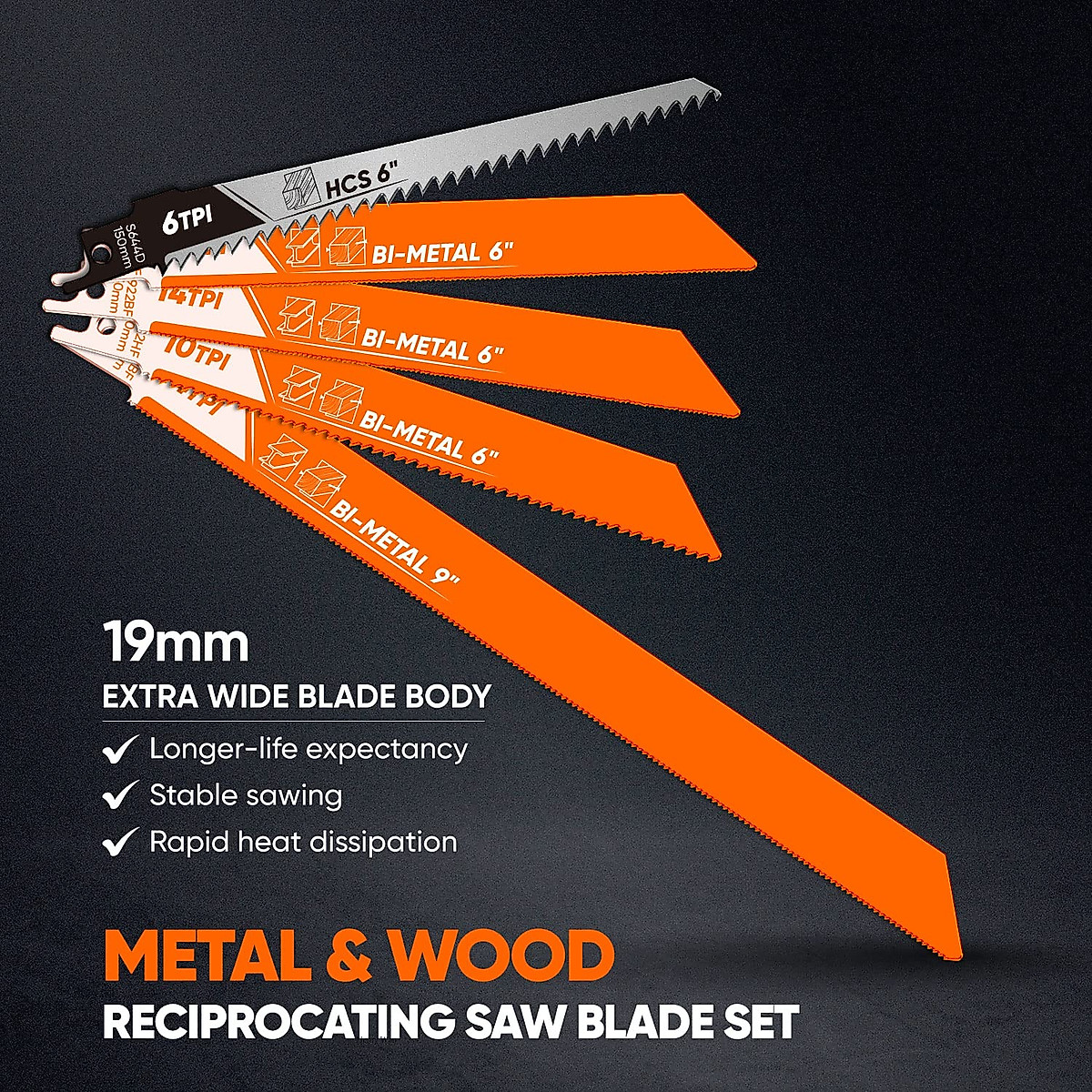 amoolo Reciprocating Saw Blades Set 15pcs, Sawzall Blades for Wood and Metal Cutting, Multi-Purpose Pruning Saw Blades Set