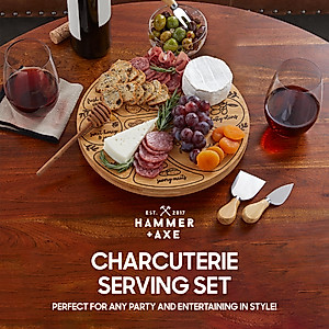 Hammer + Axe Charcuterie Board Set - Rotating Serving Cheese Board with Utensil Tools & Easy-Place Labels - Bamboo Charcuterie Boards Gift Set - Compact & Space-Saving Cheese Platter Tray & Knife Set