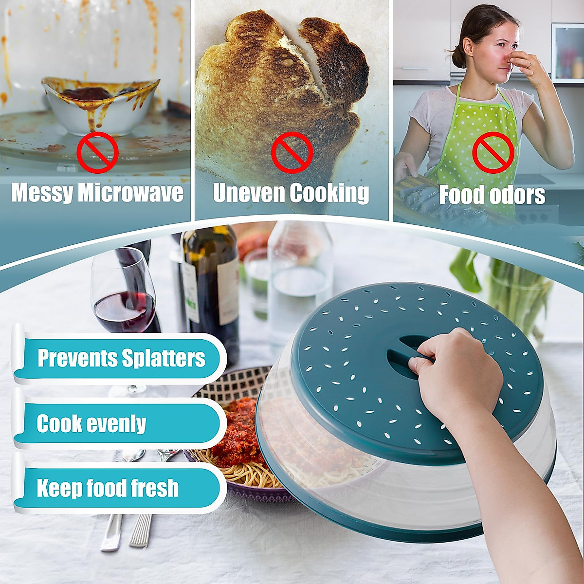 WENWELL Large Microwave Splatter Cover & Silicone Mat,12 Inchs Vented Collapsible Guard dish Plate lid & Round Kitchen mat for food