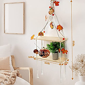 Macrame Wall Hanging Shelf with Fall Maple Leaf Garland Light, Autumn Wood Boho Shelf, Handmade Rope Shelf, Fall Wall Decor, Halloween and Thanksgiving Decorations for Home, Living Room, Bedroom