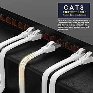 CAT8 Ethernet Cable, 10ft, Cat 8 Flat Patch Cable with RJ45 Connector,25/40Gbps 2000MHz Gigabit Ethernet LAN Cable, U/FTP, Indoor& Outdoor, Compatible with Laptop, Switch, Router, PS5, PS4