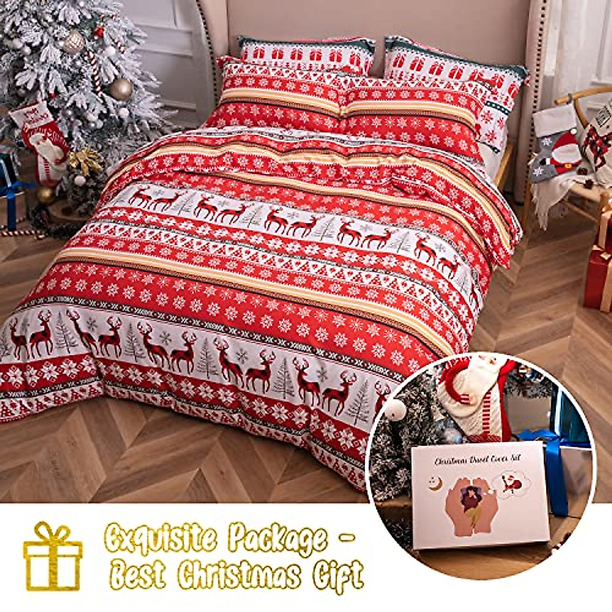 MILDLY Christmas Duvet Cover Set - 100% Brushed Microfiber Snowflake Reindeer Printed Winter Theme Comforter Cover Set