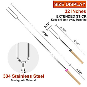 Marshmallow Roasting Sticks Wooden Handle Set of 12 Smores Skewers Telescoping Forks 32 inch Telescoping Smores Skewers for Campfire, Firepit, and Sausage BBQ with Portable Bag & 20 Bamboo Skewers