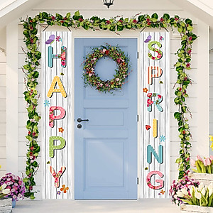 ORTIGIA Happy Spring Banner for Outdoor Colorful Floral Butterflies Porch Sign Decorations Outdoor Indoor Vintage Holiday Hanging Flags Wall Decor for Front Door Home Party Supplies