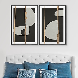 SIGNWIN Framed Canvas Print Wall Art Set Mid-Century Geometric Gold Gray Circles Abstract Shapes Illustrations Modern Art Decorative Contemporary for Living Room, Bedroom, Office - 16"x24"x2 Black