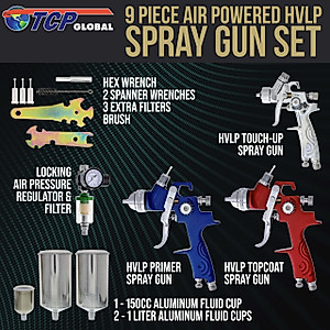 TCP Global Brand HVLP Spray Gun Set - 3 Sprayguns with Cups, Air Regulator & Maintenance Kit for All Auto Paint, Primer, Topcoat & Touch-Up, One Year Warranty