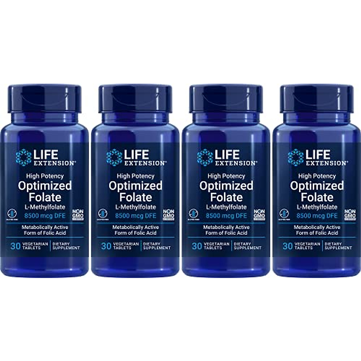 Life Extension High Potency Optimized Folate 8500 mcg DFE, 30 Vegetarian Tablets (Pack of 4)
