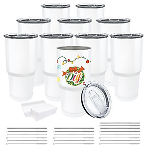 YOUKE OLA 10 Pack Sublimation Tumbler Blank Bulk Stainless Steel Double Wall Vacuum Insulated Coffee Travel Tumbler Car Cups with Shrink Wrap & Straws, White 30oz